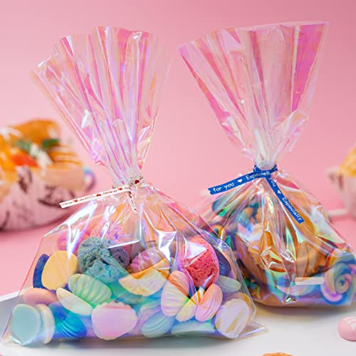 Cellophane Bags,100 Pcs 5x7 Inch Cellophane Treat Bags, Iridescent Holographic Candy Bags, Clear Goodie Bags with Colorful Twist Ties for Birthday Party Favors, Halloween,Christmas, Weddings, Baby Showers