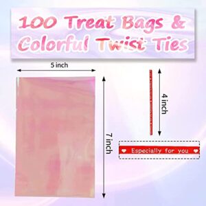 Cellophane Bags,100 Pcs 5x7 Inch Cellophane Treat Bags, Iridescent Holographic Candy Bags, Clear Goodie Bags with Colorful Twist Ties for Birthday Party Favors, Halloween,Christmas, Weddings, Baby Showers