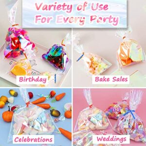 Cellophane Bags,100 Pcs 5x7 Inch Cellophane Treat Bags, Iridescent Holographic Candy Bags, Clear Goodie Bags with Colorful Twist Ties for Birthday Party Favors, Halloween,Christmas, Weddings, Baby Showers