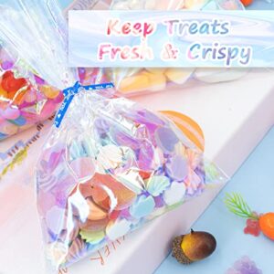 Cellophane Bags,100 Pcs 5x7 Inch Cellophane Treat Bags, Iridescent Holographic Candy Bags, Clear Goodie Bags with Colorful Twist Ties for Birthday Party Favors, Halloween,Christmas, Weddings, Baby Showers