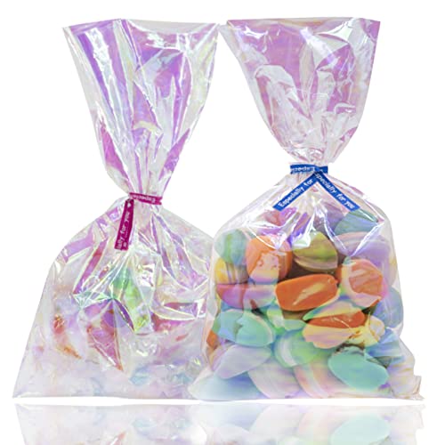 Cellophane Bags,100 Pcs 5x7 Inch Cellophane Treat Bags, Iridescent Holographic Candy Bags, Clear Goodie Bags with Colorful Twist Ties for Birthday Party Favors, Halloween,Christmas, Weddings, Baby Showers