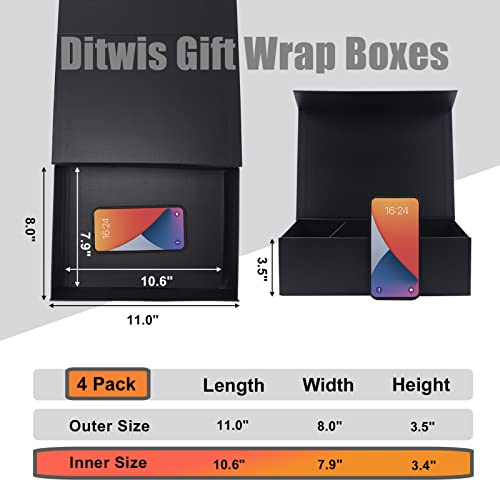 Ditwis 4 Pack 11x8x3.5 Inches Gift Boxes with Magnetic Closure Lids, Black Magnetic Box for Wedding, Groomsmen Bridesmaid Proposal, Birthdays, Mother's Day