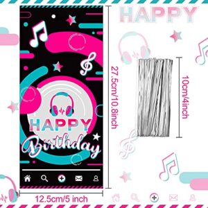 100 Pieces Music Party Cellophane Treat Bags, Black Pink Blue Happy Birthday Party Plastic Candy Bags Goodie Favor Bags with 100 Silver Twist Ties for Teens Social Media Theme Birthday Party Supplies