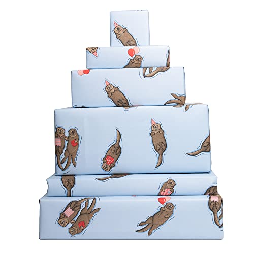 CENTRAL 23 6 Wrapping Paper Sheets - Birthday Otters - Blue Gift Wrap for Men Women - Friends Wrapping Paper - Valentines Day Wrapping Paper For Him Her - Comes with Stickers