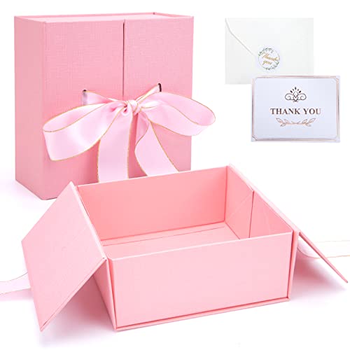 JOHOUSE Pink Gift Box, 8inch Large Gift Box with Lid Ribbon Square Gift Box for Wedding Birthday Anniversary Valentine's Day Baby Shower