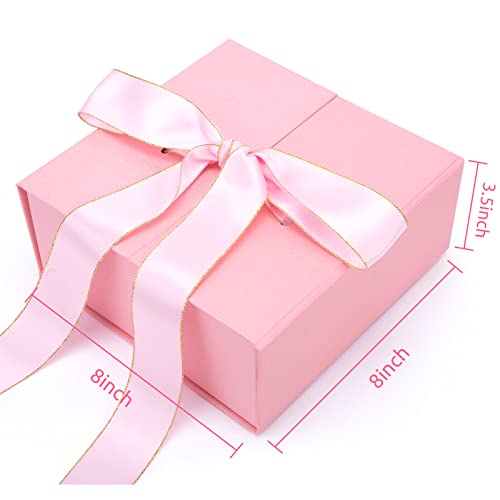 JOHOUSE Pink Gift Box, 8inch Large Gift Box with Lid Ribbon Square Gift Box for Wedding Birthday Anniversary Valentine's Day Baby Shower