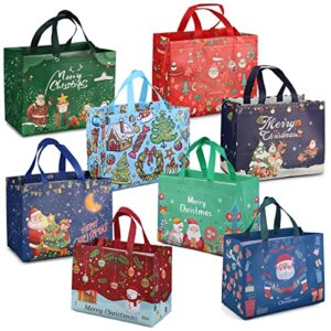 parsup 8pcs christmas gift bags,christmas tote bags with handles, christmas treat bags, multifunctional non-woven christmas bags for gifts wrapping shopping, xmas party supplies, 12.8″×9.8″×6.7″