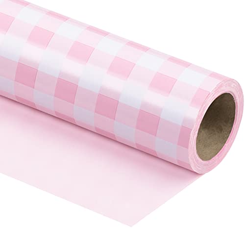 WRAPAHOLIC Reversible Wrapping Paper Roll - Pink and White Plaid Design for Birthday, Holiday, Wedding, Baby Shower and More Occasions - 30 Inch x 33 Feet