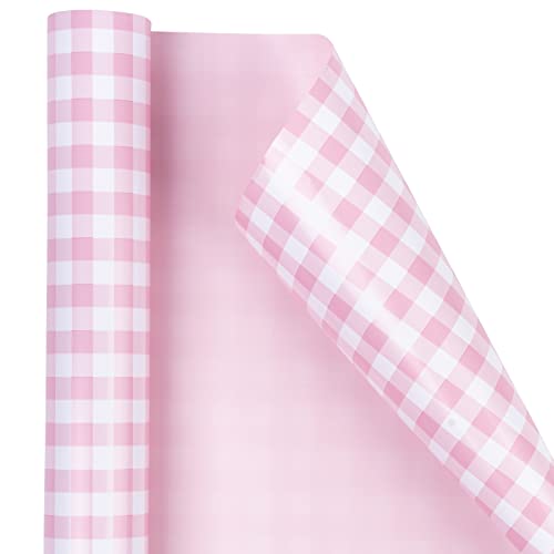 WRAPAHOLIC Reversible Wrapping Paper Roll - Pink and White Plaid Design for Birthday, Holiday, Wedding, Baby Shower and More Occasions - 30 Inch x 33 Feet