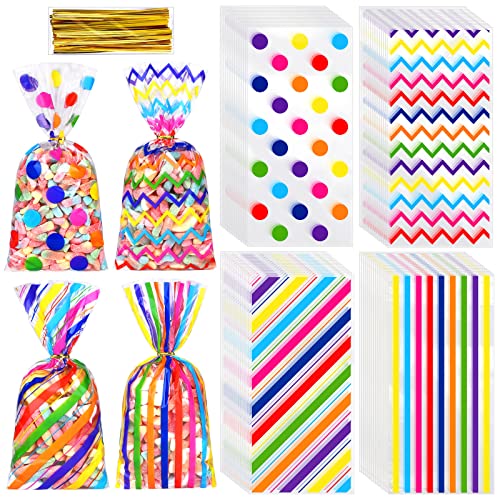 Aodaer 100 Pieces Rainbow Cellophane Bags Plastic Candy Gift Bags Cellophane Treat Bags with Twist Ties Stripes Polka Dot Printed Pattern Goodie Bags for Birthday Weddings Party Favors