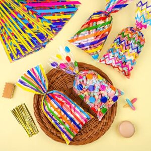 Aodaer 100 Pieces Rainbow Cellophane Bags Plastic Candy Gift Bags Cellophane Treat Bags with Twist Ties Stripes Polka Dot Printed Pattern Goodie Bags for Birthday Weddings Party Favors