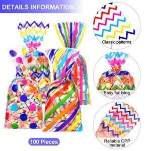 Aodaer 100 Pieces Rainbow Cellophane Bags Plastic Candy Gift Bags Cellophane Treat Bags with Twist Ties Stripes Polka Dot Printed Pattern Goodie Bags for Birthday Weddings Party Favors