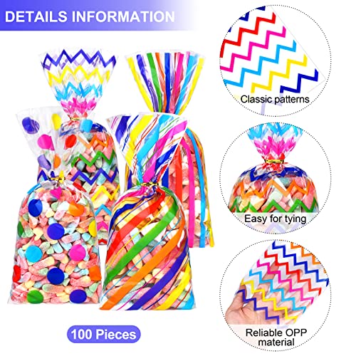 Aodaer 100 Pieces Rainbow Cellophane Bags Plastic Candy Gift Bags Cellophane Treat Bags with Twist Ties Stripes Polka Dot Printed Pattern Goodie Bags for Birthday Weddings Party Favors