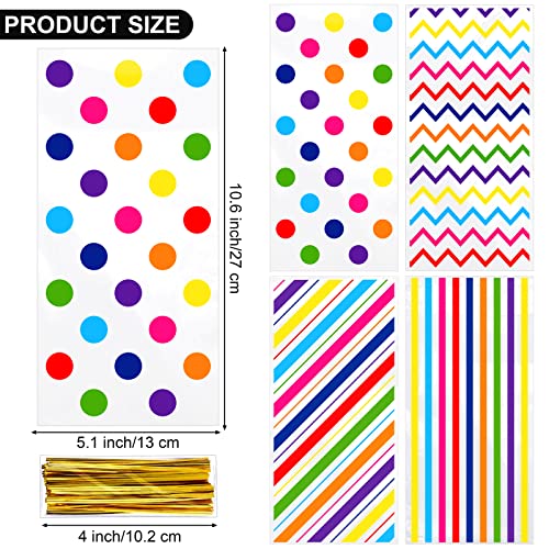 Aodaer 100 Pieces Rainbow Cellophane Bags Plastic Candy Gift Bags Cellophane Treat Bags with Twist Ties Stripes Polka Dot Printed Pattern Goodie Bags for Birthday Weddings Party Favors