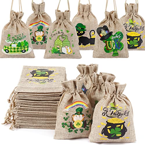 JUNEBRUSHS St Patricks Day Burlap Gift Bags, 42 Pack Saint Patricks Linen Burlap Bag with Drawstring St. Patrick's Day Goodie Candy Treat Bags for Kids Irish Party Favors Shamrock Clovers Small Gift Bags