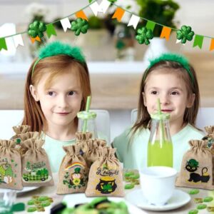 JUNEBRUSHS St Patricks Day Burlap Gift Bags, 42 Pack Saint Patricks Linen Burlap Bag with Drawstring St. Patrick's Day Goodie Candy Treat Bags for Kids Irish Party Favors Shamrock Clovers Small Gift Bags