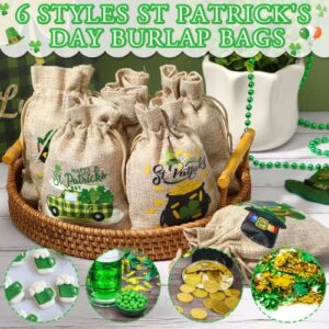 JUNEBRUSHS St Patricks Day Burlap Gift Bags, 42 Pack Saint Patricks Linen Burlap Bag with Drawstring St. Patrick's Day Goodie Candy Treat Bags for Kids Irish Party Favors Shamrock Clovers Small Gift Bags