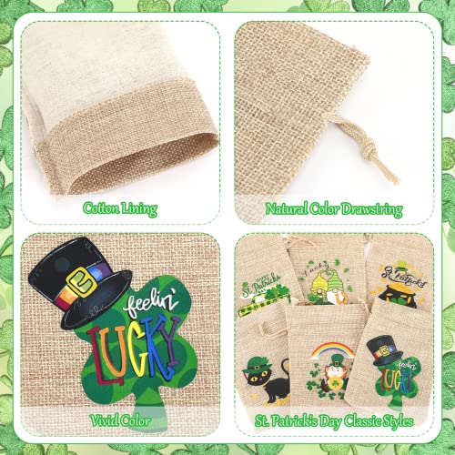 JUNEBRUSHS St Patricks Day Burlap Gift Bags, 42 Pack Saint Patricks Linen Burlap Bag with Drawstring St. Patrick's Day Goodie Candy Treat Bags for Kids Irish Party Favors Shamrock Clovers Small Gift Bags