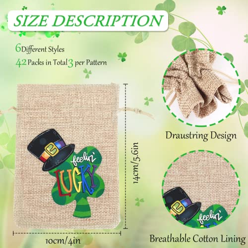 JUNEBRUSHS St Patricks Day Burlap Gift Bags, 42 Pack Saint Patricks Linen Burlap Bag with Drawstring St. Patrick's Day Goodie Candy Treat Bags for Kids Irish Party Favors Shamrock Clovers Small Gift Bags