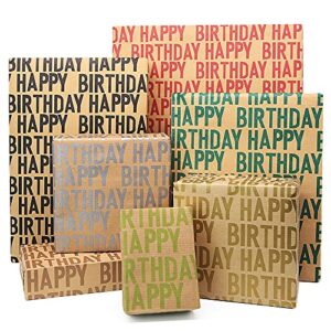 happy birthday wrapping paper for men boys women adults kids girls, gift wrapping paper recycled multipack (7 sheets,20 x 28 inches per sheet,27 sq.ft. ttl,) w/ 10 gift tags jute twine tape stickers