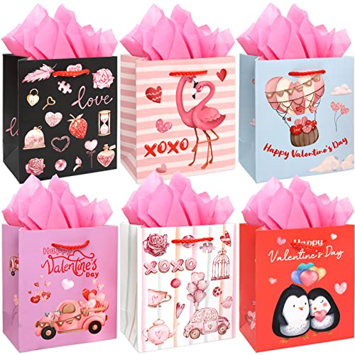 12 Pcs Valentine's Day Paper Gift Bags 5.5 * 6.5 * 2.9" with Tissue Paper for Kids Party Favor Classroom Exchange Prizes Present Wrapping