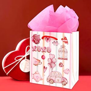 12 Pcs Valentine's Day Paper Gift Bags 5.5 * 6.5 * 2.9" with Tissue Paper for Kids Party Favor Classroom Exchange Prizes Present Wrapping