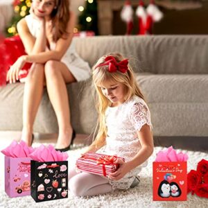 12 Pcs Valentine's Day Paper Gift Bags 5.5 * 6.5 * 2.9" with Tissue Paper for Kids Party Favor Classroom Exchange Prizes Present Wrapping