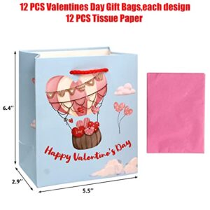 12 Pcs Valentine's Day Paper Gift Bags 5.5 * 6.5 * 2.9" with Tissue Paper for Kids Party Favor Classroom Exchange Prizes Present Wrapping