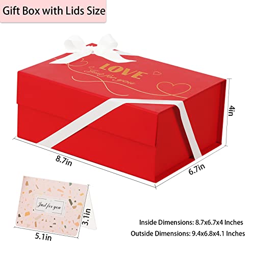 CHARMGIFTBOX Large Gift Box with Lids for Presents, 8.7x6.7x4 Inches Collapsible Red Gift Boxes with Magnetic Closure Ribbon and Card for Valentine's Day Birthday Bridesmaid Boxes