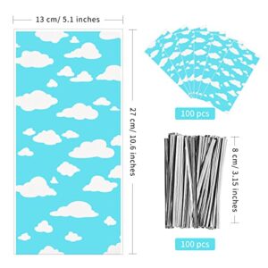 100 Pcs Blue Sky White Clouds Treat Bags White Clouds Print Cellophane Candy Bags Plastic Goodie Storage Bags Cartoon Story Party Favor Bags with Twist Ties for Birthday Party Baby Shower Supplies