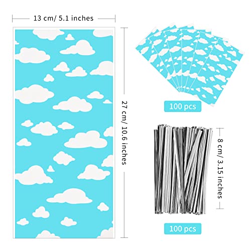 100 Pcs Blue Sky White Clouds Treat Bags White Clouds Print Cellophane Candy Bags Plastic Goodie Storage Bags Cartoon Story Party Favor Bags with Twist Ties for Birthday Party Baby Shower Supplies