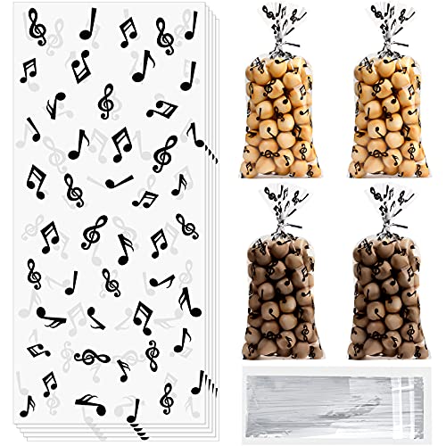 Kosiz 100 Pieces Music Notes Cellophane Goodie Bags Musical Theme Treat Bags Plastic Musical Party Candy Bags with Silver Twist Ties for Band Birthday Party Favor Supplies Dessert Pastry Decoration