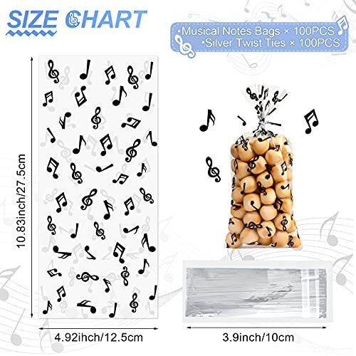 Kosiz 100 Pieces Music Notes Cellophane Goodie Bags Musical Theme Treat Bags Plastic Musical Party Candy Bags with Silver Twist Ties for Band Birthday Party Favor Supplies Dessert Pastry Decoration