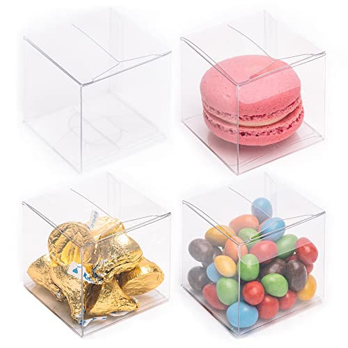 Decvel Clear Favor Boxes - 100 pack - 2 x 2 x 2 inches Stackable Clear Gift Boxes Made from Food-Grade, Scratch Resistant PET Material - Can Be Used As Display Plastic Box, Clear Treat Boxes, and For Party Favors