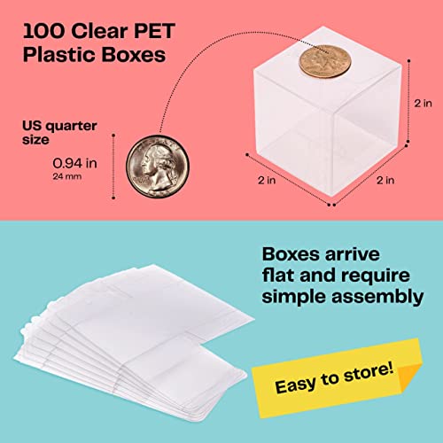 Decvel Clear Favor Boxes - 100 pack - 2 x 2 x 2 inches Stackable Clear Gift Boxes Made from Food-Grade, Scratch Resistant PET Material - Can Be Used As Display Plastic Box, Clear Treat Boxes, and For Party Favors