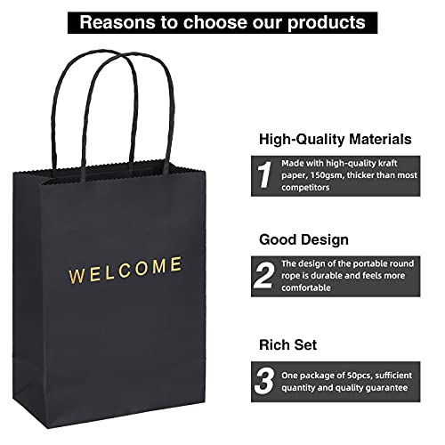 driew Welcome Bags 50 Pack, 5.9 x 3.1 x 8.3'' Black Welcome Gift Bags Paper Bags with Handles Black Gift Bags for Retail, Wedding,Party, Shopping