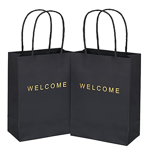 driew Welcome Bags 50 Pack, 5.9 x 3.1 x 8.3'' Black Welcome Gift Bags Paper Bags with Handles Black Gift Bags for Retail, Wedding,Party, Shopping