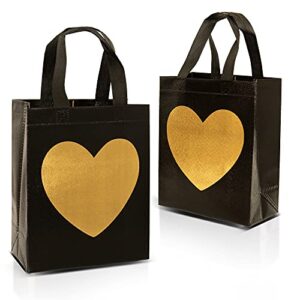 12 black gift bags with shiny gold heart print – non-woven reusable gift bags with glossy finish – cute birthday bag, favor bags, eco-friendly gift bags, christmas, party- 8x4x10 small-medium size