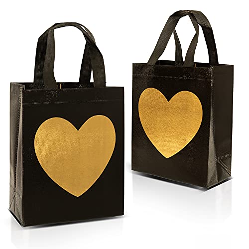 12 Black Gift Bags With Shiny Gold Heart Print - Non-woven Reusable Gift Bags With Glossy Finish - Cute Birthday Bag, Favor Bags, Eco-Friendly Gift Bags, Christmas, Party- 8x4x10 Small-Medium Size