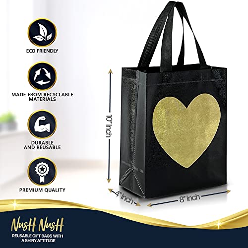 12 Black Gift Bags With Shiny Gold Heart Print - Non-woven Reusable Gift Bags With Glossy Finish - Cute Birthday Bag, Favor Bags, Eco-Friendly Gift Bags, Christmas, Party- 8x4x10 Small-Medium Size