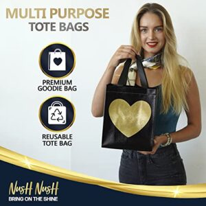 12 Black Gift Bags With Shiny Gold Heart Print - Non-woven Reusable Gift Bags With Glossy Finish - Cute Birthday Bag, Favor Bags, Eco-Friendly Gift Bags, Christmas, Party- 8x4x10 Small-Medium Size