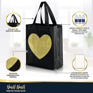 12 Black Gift Bags With Shiny Gold Heart Print - Non-woven Reusable Gift Bags With Glossy Finish - Cute Birthday Bag, Favor Bags, Eco-Friendly Gift Bags, Christmas, Party- 8x4x10 Small-Medium Size