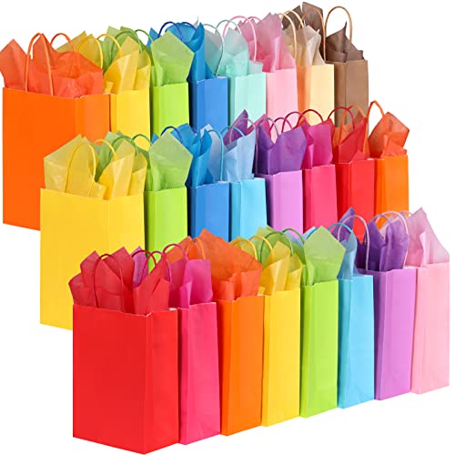 TOMNK 72 Pieces Small Gift Bags with 72 Tissue Paper 12 Colors Bulk Party Favor Bags with Handles, Rainbow Paper Bags Goodie Bags for Christmas Day, Wedding, Baby Shower, Birthday, Party and Gifts