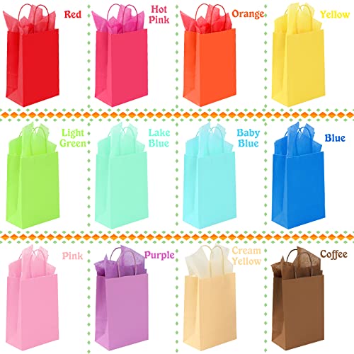 TOMNK 72 Pieces Small Gift Bags with 72 Tissue Paper 12 Colors Bulk Party Favor Bags with Handles, Rainbow Paper Bags Goodie Bags for Christmas Day, Wedding, Baby Shower, Birthday, Party and Gifts