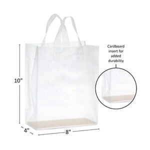 Frosted Plastic Gift Bags 100 Pack 8" x 10" x 4" Clear Frosted Bags with Soft Loop Handles for Gifts Retail and More