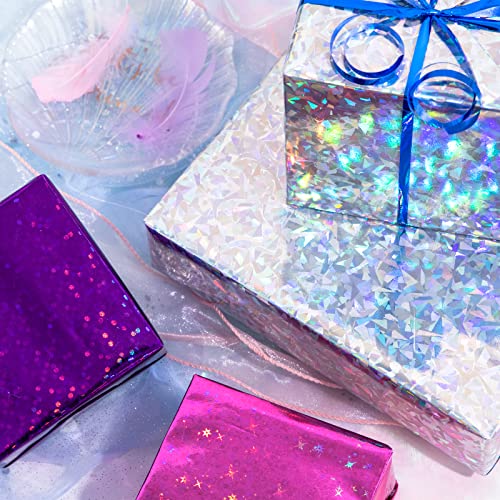 LeZakaa Holographic Foil Wrapping Paper - Mini Roll - Pink Dot/Purple Star/Silver Cracked Ice Print for Birthday, Wedding Shower, Holiday - 17 x 120 inches - 3 Rolls (42.5 sq.ft.ttl.)