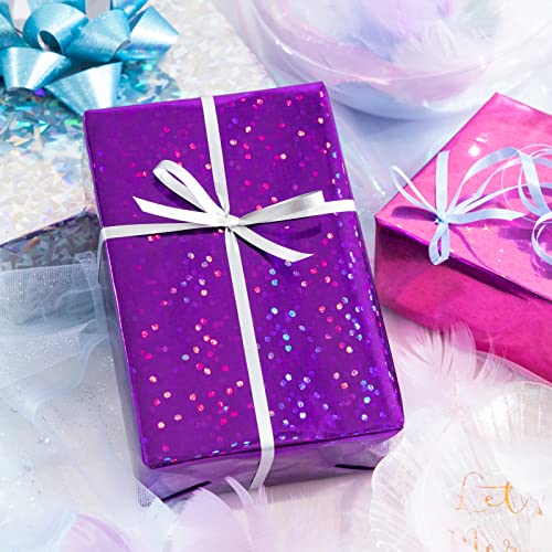 LeZakaa Holographic Foil Wrapping Paper - Mini Roll - Pink Dot/Purple Star/Silver Cracked Ice Print for Birthday, Wedding Shower, Holiday - 17 x 120 inches - 3 Rolls (42.5 sq.ft.ttl.)