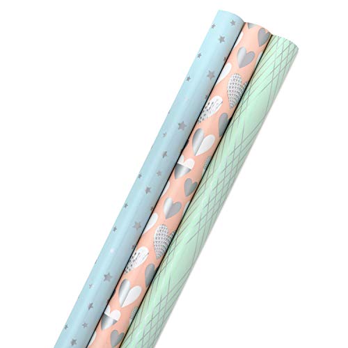 Hallmark All Occasion Wrapping Paper Bundle with Cut Lines on Reverse - Blush, Aqua, Mint, Silver (3-Pack: 105 sq. ft. ttl.) for Birthdays, Mothers Day, Weddings, Easter, Bridal Showers, Baby Showers