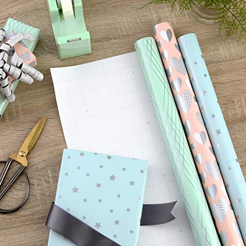 Hallmark All Occasion Wrapping Paper Bundle with Cut Lines on Reverse - Blush, Aqua, Mint, Silver (3-Pack: 105 sq. ft. ttl.) for Birthdays, Mothers Day, Weddings, Easter, Bridal Showers, Baby Showers