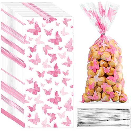 100 Pieces Butterflies Cellophane Goody Bags Plastic Butterfly Candy Bag Butterfly Treat Bags with 100 Pieces Silver Twist Ties for Butterfly Theme Baby Shower Birthday Party Dessert Decors (Pink)